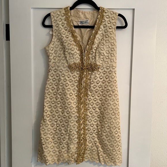 Dresses | 6s70s Vintage White Mini Dress With Gold Piping | Poshmark